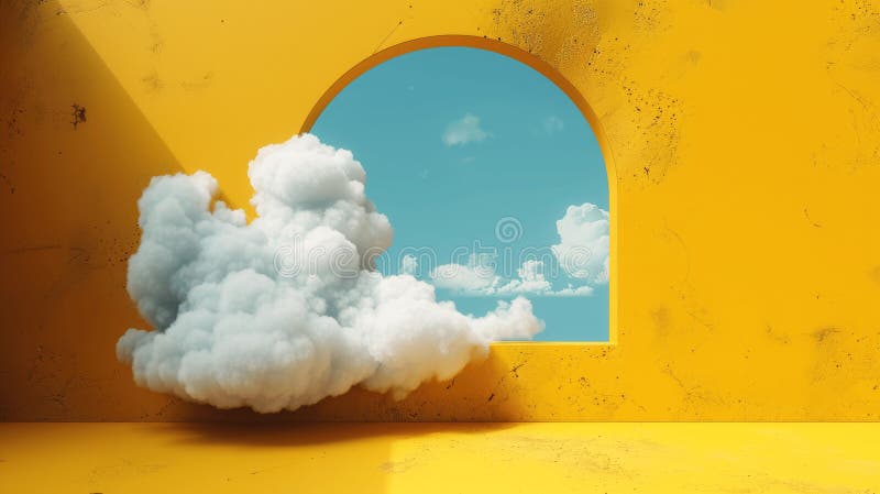 3D Render of Cloud in Yellow Background with Blue Arch - Minimalistic ...