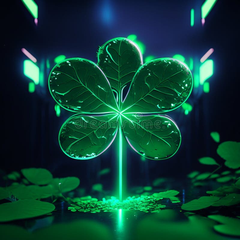 3d Render of a Clover Leaf with Green Neon Lights on a Dark Background ...