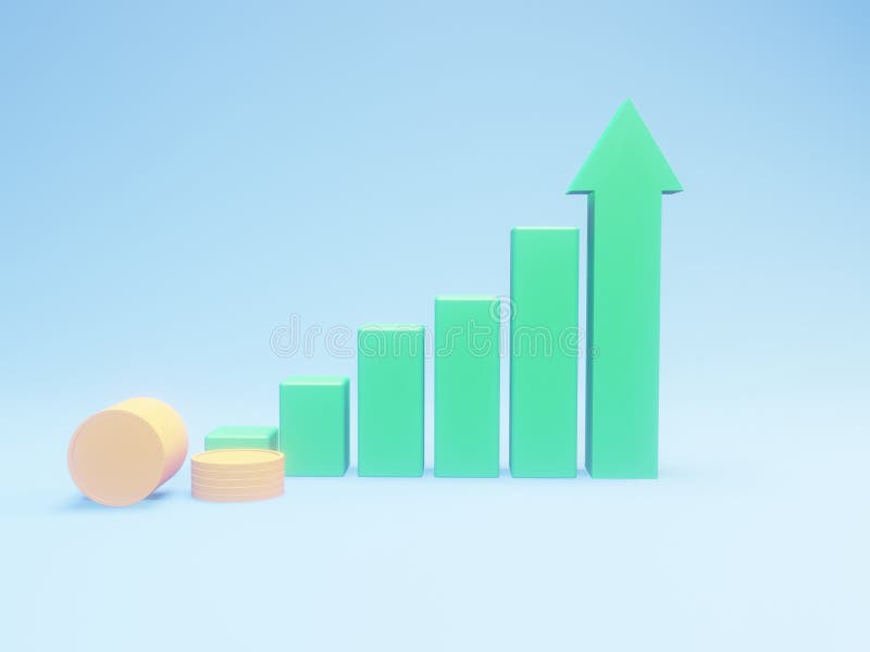 3D Render of Coins and Growing Graph Chart Showing Sales Stock ...