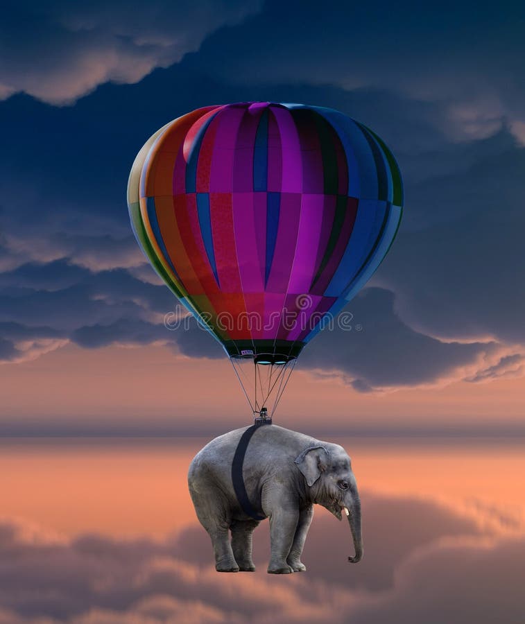 3d Render of a Colorful Balloon Carrying an Elephant in the Cloudy Sky ...