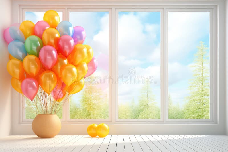 Colorful Balloons in Room with Big Window and City View. 3d Rendering ...