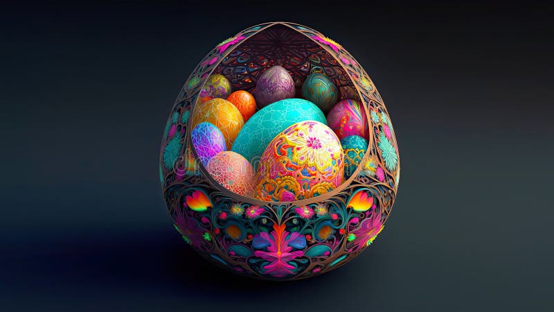 Colorful Cloisonné Easter Eggs Basket or Nest on Black Background and ...