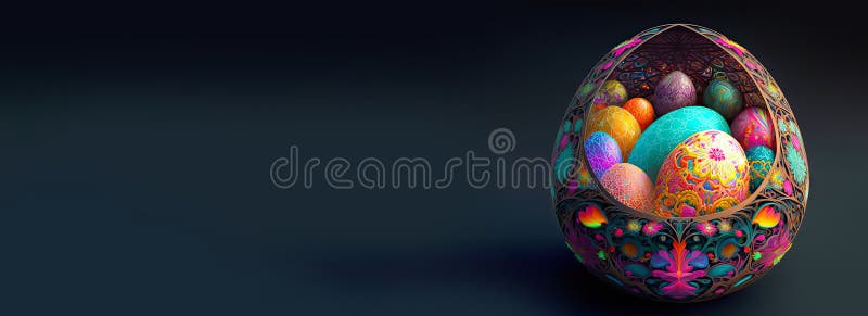 3D Render of Colorful Cloisonne Easter Eggs Basket or Nest on Black ...