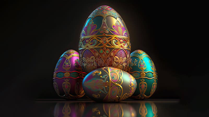 Colorful Floral Easter Eggs on Reflection Shiny Brown Background and ...