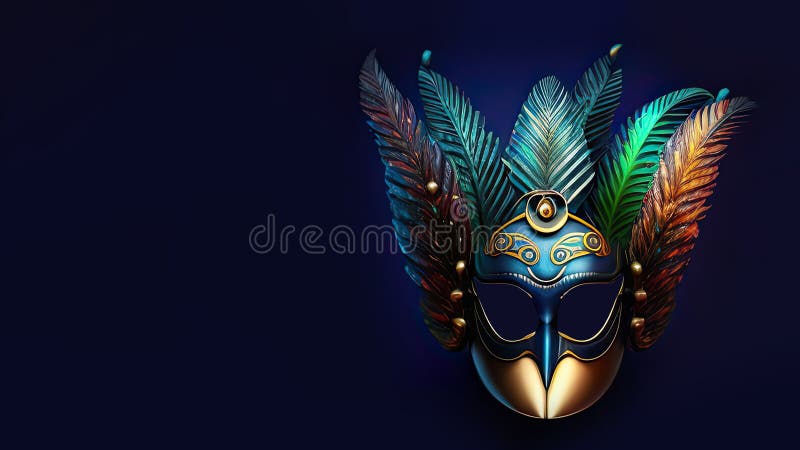 3D Render of Colorful Masquerade Mask with Feathers on Blue Background ...