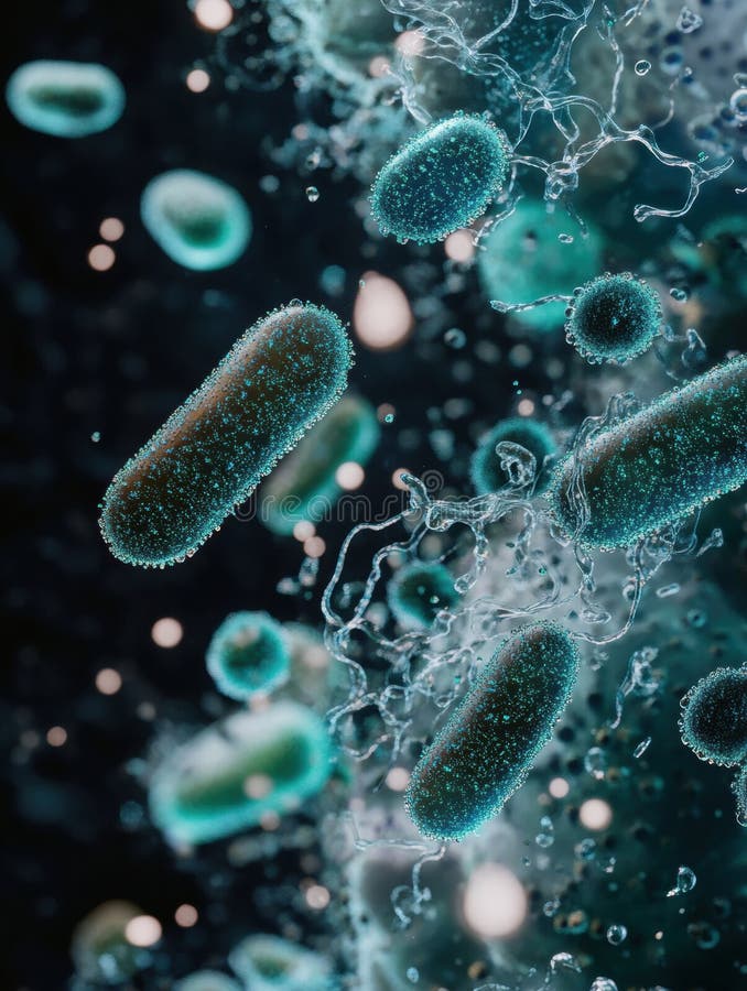 3D Render of Colorful Microbes Interacting in a Fluid Environment at a ...