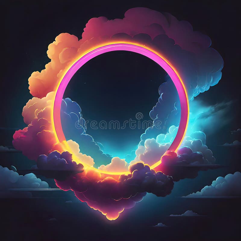 3d Render, Colorful Neon Ring Glowing Inside a Thundercloud on a Dark ...