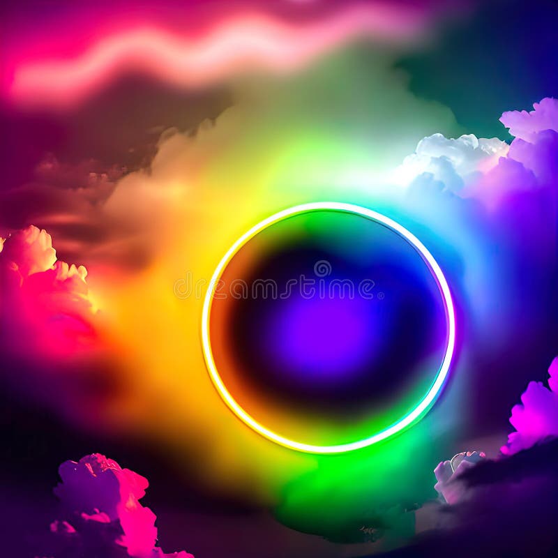 3d Render, Colorful Neon Ring Glowing Inside a Thundercloud on a Dark ...