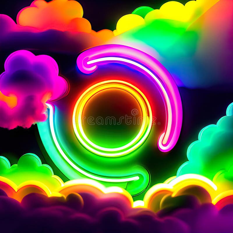 3d Render, Colorful Neon Ring Glowing Inside a Thundercloud on a Dark ...