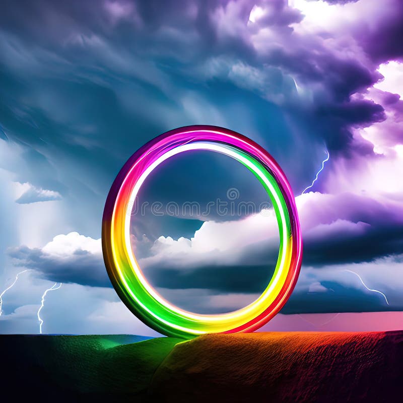 3d Render, Colorful Neon Ring Glowing Inside a Thundercloud on a Dark ...