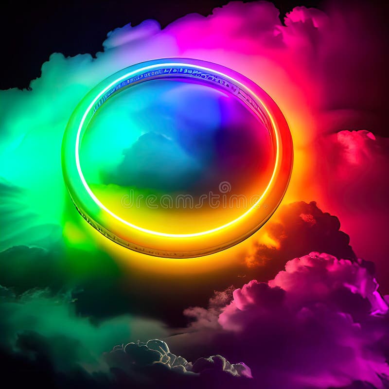 3d Render, Colorful Neon Ring Glowing Inside a Thundercloud on a Dark ...