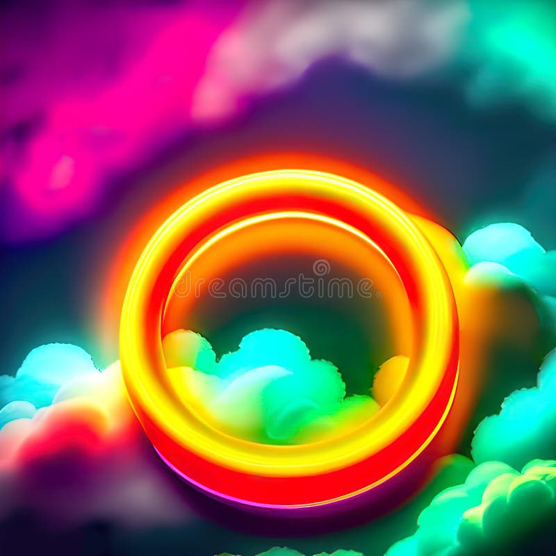 3d Render, Colorful Neon Ring Glowing Inside a Thundercloud on a Dark ...