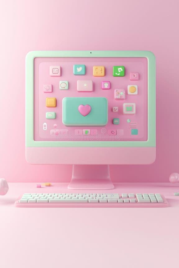 3D Render of a Computer with Pastel Apps on a Pink Background Stock ...