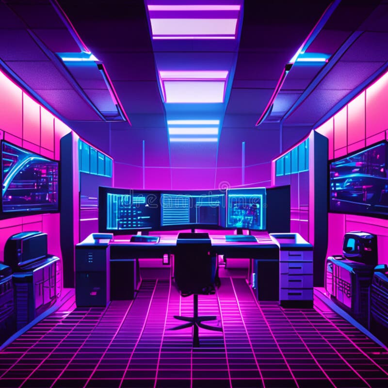 3d Render of a Computer Room with Neon Lights. 3d Illustration ...