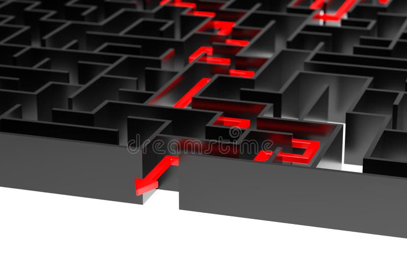 Concept - Solving a Complex Problem. Black Maze with Red Solution Path ...