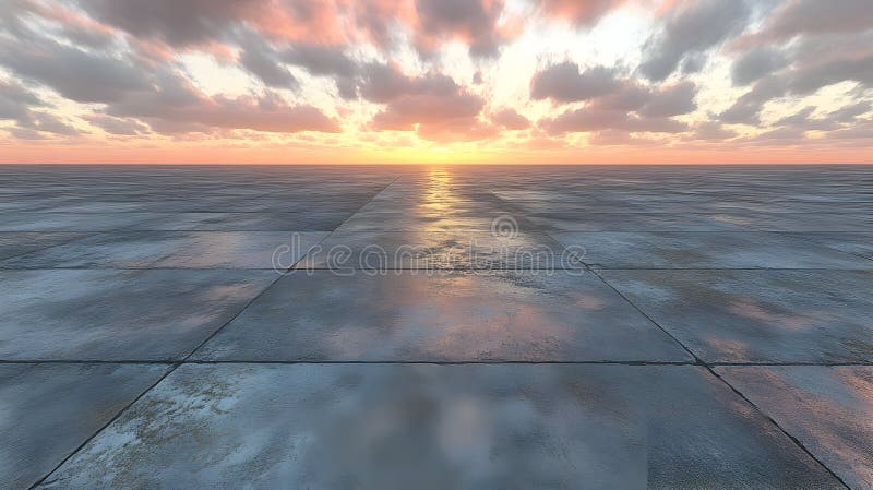 3D Render of a Concrete Floor with Sunset Sky Reflection Stock ...
