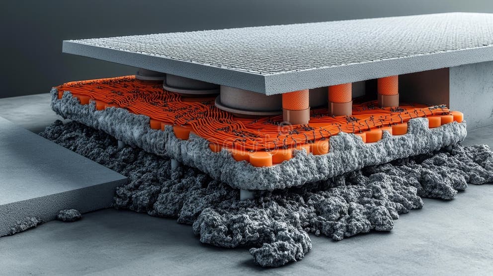 3D Render of a Construction Floor Structure with Orange Piping and Foam ...