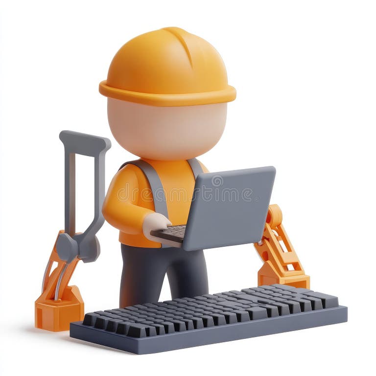3D Render of Construction Worker Using Laptop and Robotic Arm Stock ...