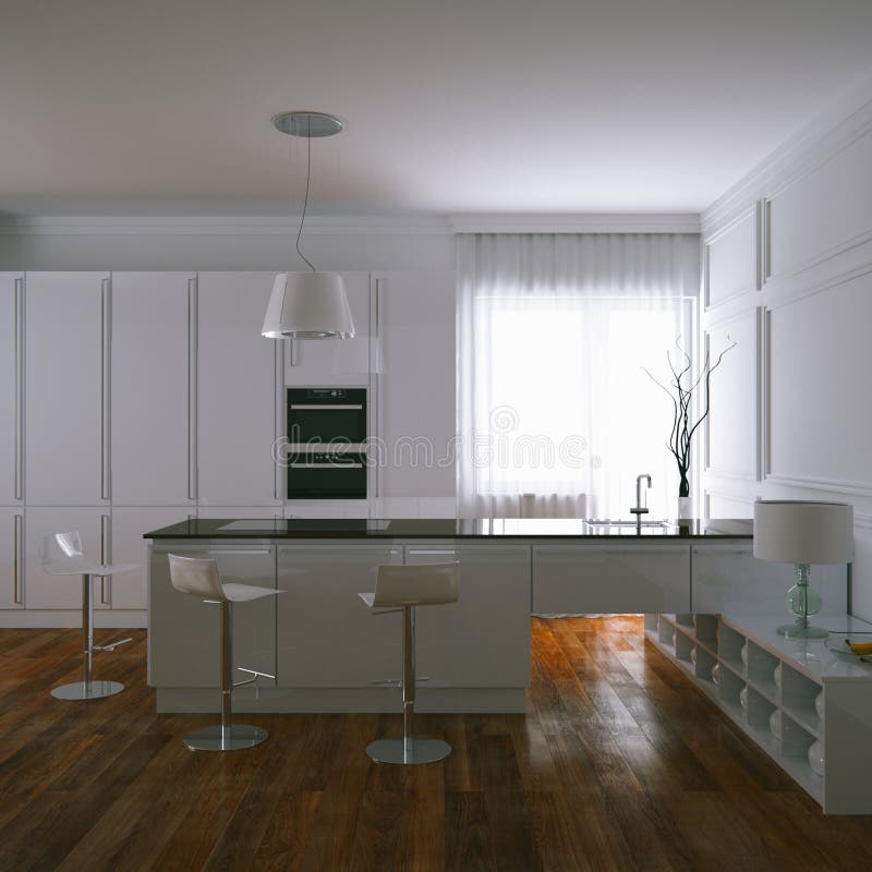 3d Render Contemporary White Kitchen and Wooden Parquet Floor Stock ...