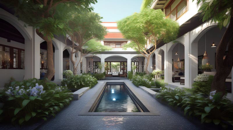 3D Render of a Courtyard with a Swimming Pool in a Hotel Stock ...
