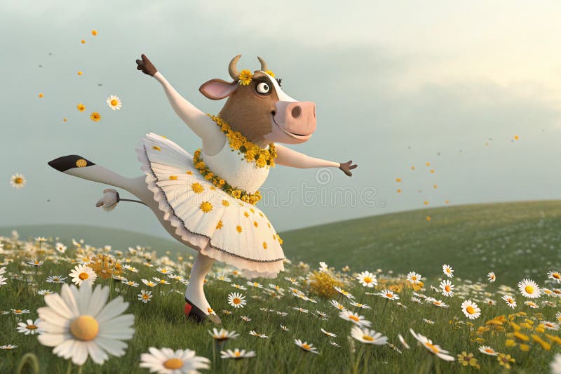 3d Render of a Cow is Dancing on a Daisy Dressed in a Ballet of ...