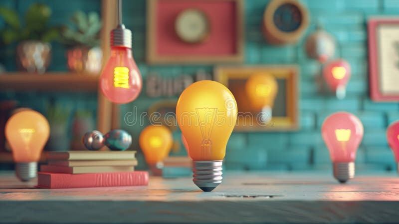 3D Render of Creative Workspace with Various Colorful Light Bulbs ...