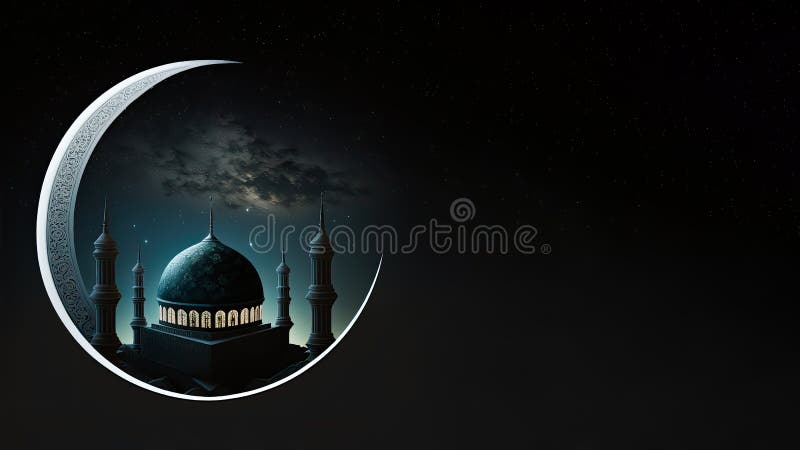 3D Render of Crescent Moon with Beautiful Mosque on Night Background ...