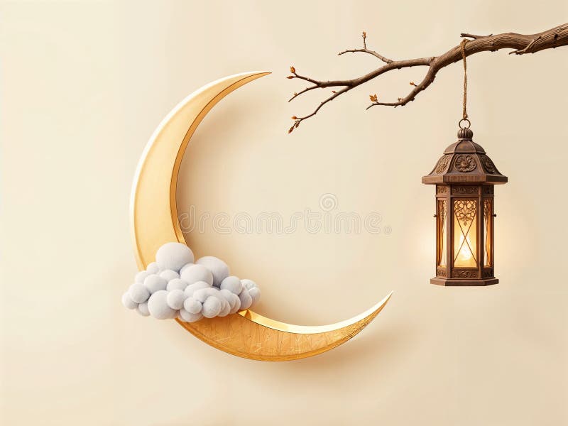 A 3d Render Crescent Moon and Cloud, a Lantern Hanging on Tree Branch ...