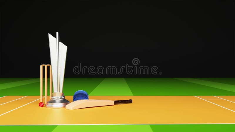 3D Render of Cricket Tournament Elements Over Pitch Background and Copy ...