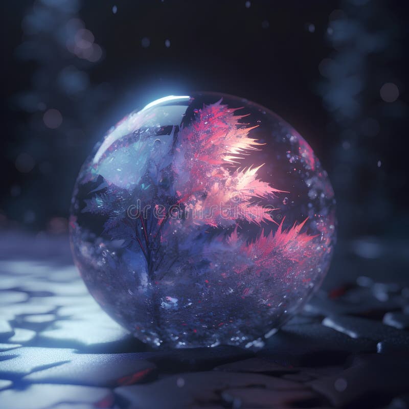 3d Render of Crystal Ball with Tree and Snowflakes. Stock Illustration ...