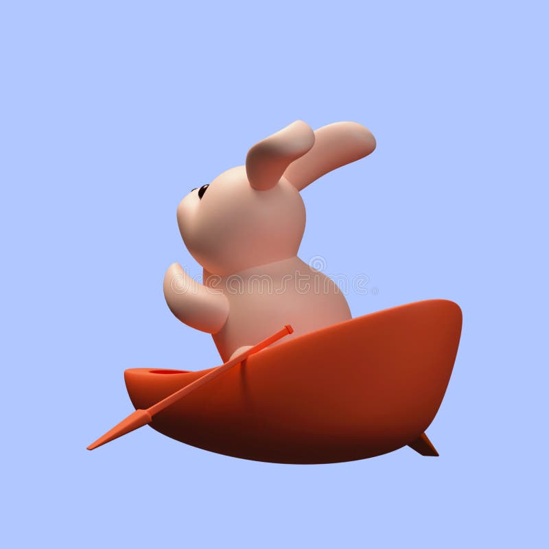 3D Render of Cute Bunny Riding Boat Against Sky Blue Stock Illustration ...