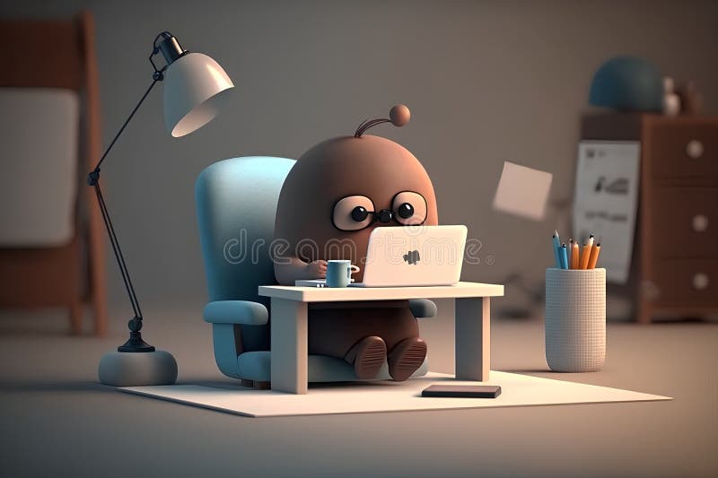 3d Render of Cute Cartoon Character Working on Laptop Computer at Home ...
