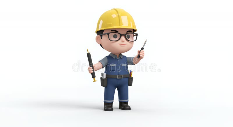 3D Render of Cute Chibi Korean Foreman with Tools Isolated on White ...