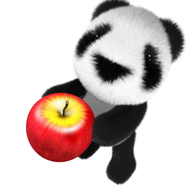 3d Cute and Funny Baby Panda Bear Character Holding an Apple Stock ...