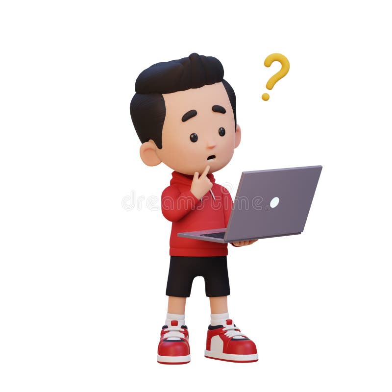 3D Cute Kid Character Confused on a Laptop Stock Photo - Illustration ...