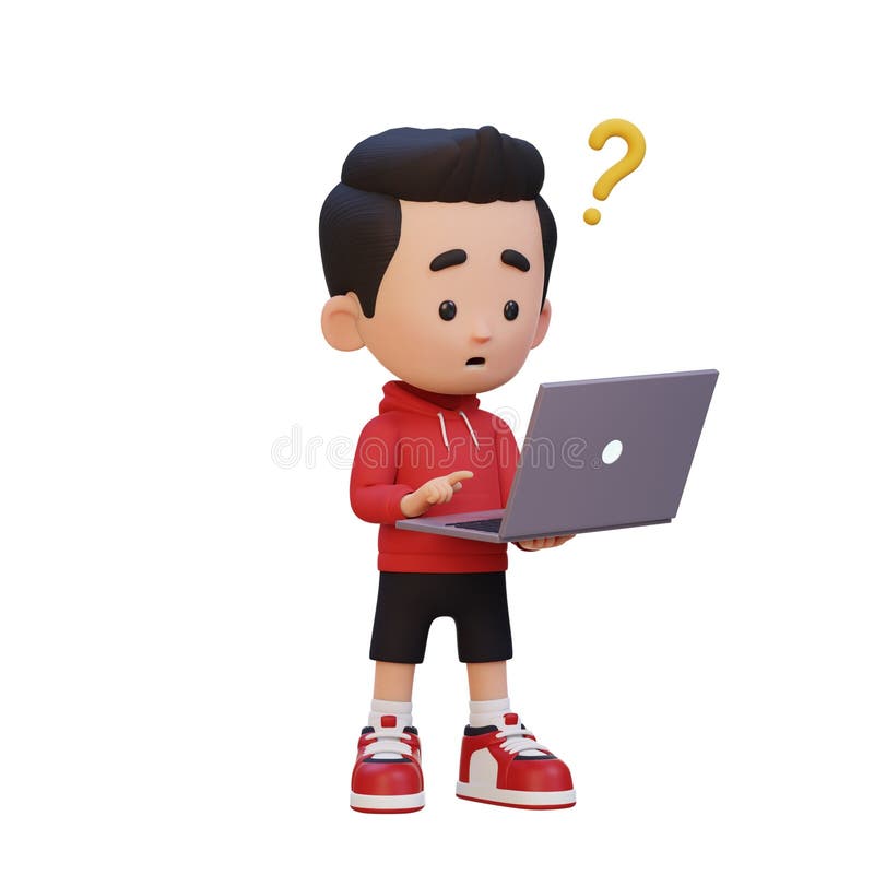 3D Cute Kid Character Confused on a Laptop Stock Photo - Illustration ...