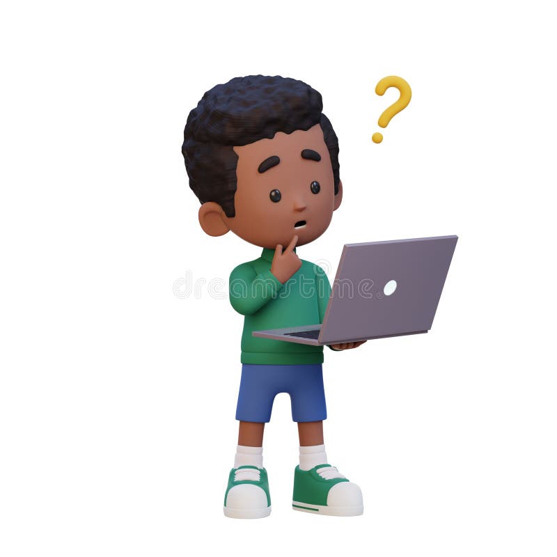 3D Cute Kid Character Confused on a Laptop Stock Photo - Illustration ...