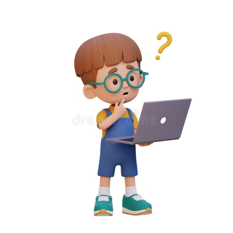 3D Cute Kid Character Confused on a Laptop Stock Image - Illustration ...