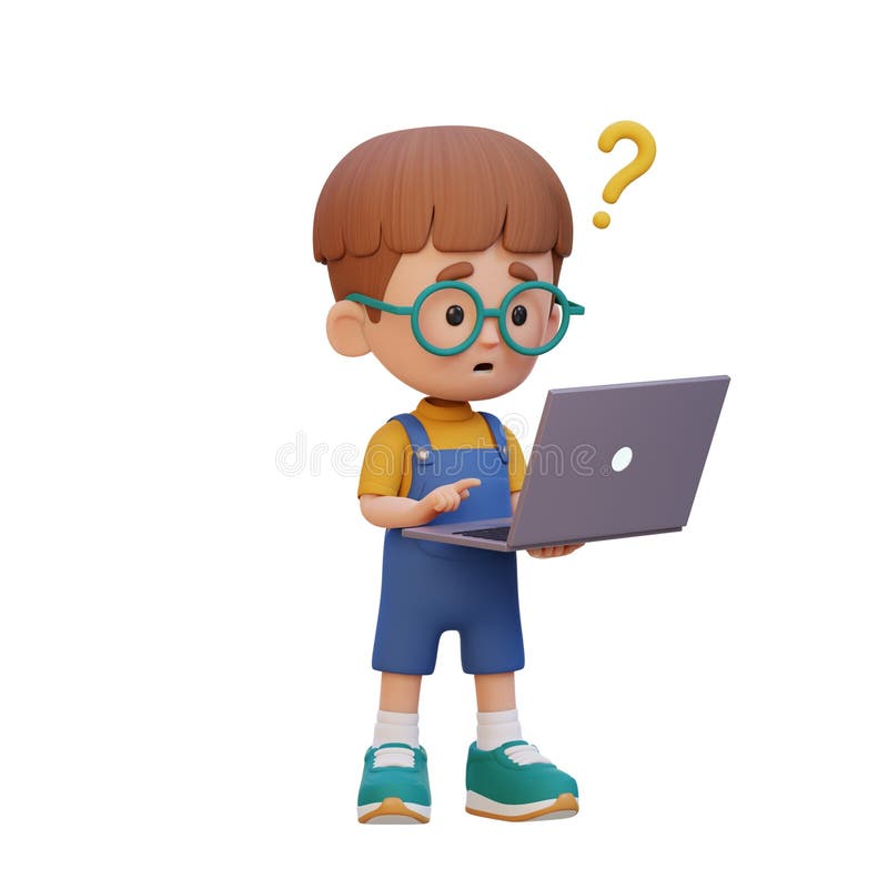 3D Cute Kid Character Confused on a Laptop Stock Photo - Illustration ...