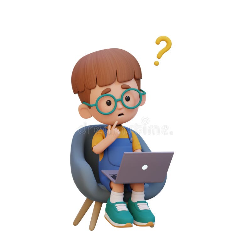 3D Cute Kid Character Confused on a Laptop Stock Photo - Illustration ...