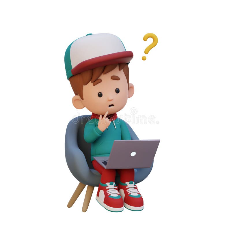 3D Cute Kid Character Confused on a Laptop Stock Image - Illustration ...