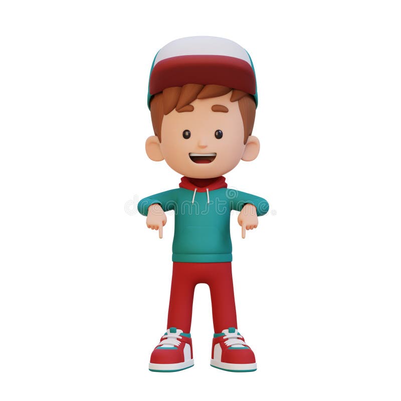 3D Cute Kid Pointing Hand To Bottom Stock Photo - Illustration of ...