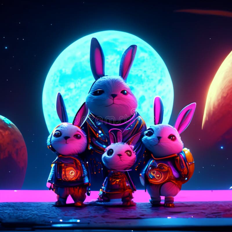 3D Render of Cute Rabbits in Space with Full Moon AI Generated Stock ...