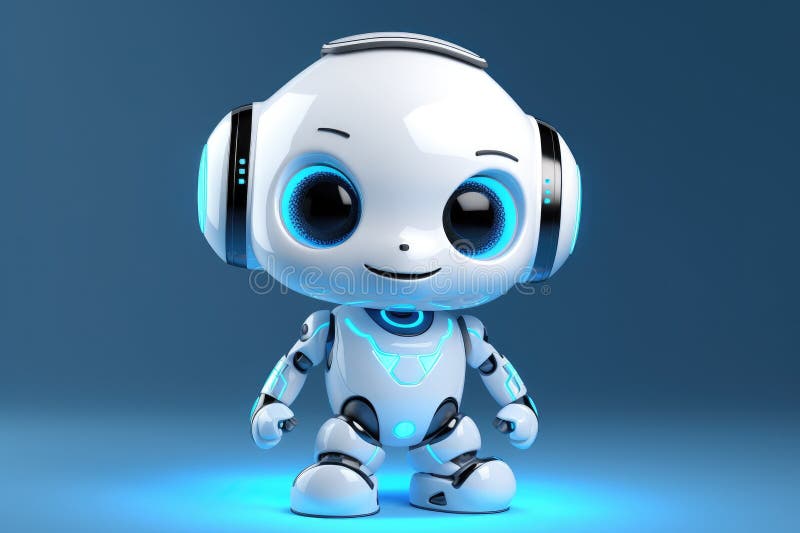 3D Render of a Cute Robot with Headphones Isolated on Blue Background ...