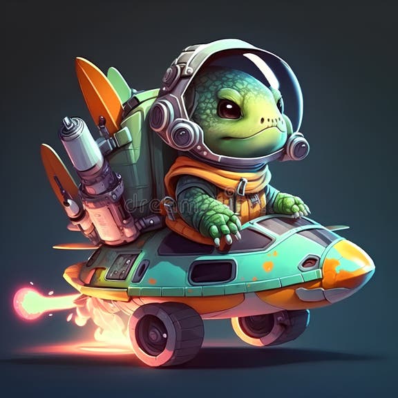 3D Render of a Cute Turtle in Spacesuit with Rocket Stock Illustration ...