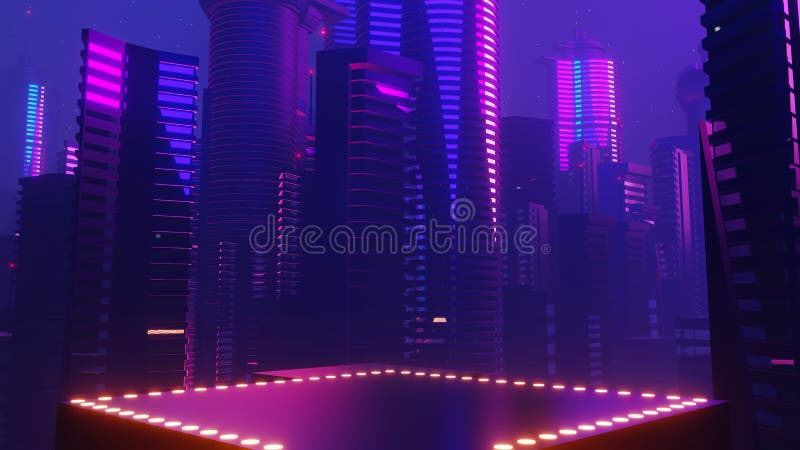 3d Render of Cyber Night Mega City Landscape Scene. Light Glowing and ...