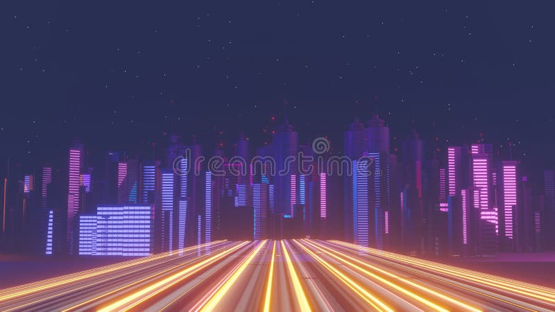 3d Render of Cyber Night Mega City Landscape Scene. Light Glowing and ...