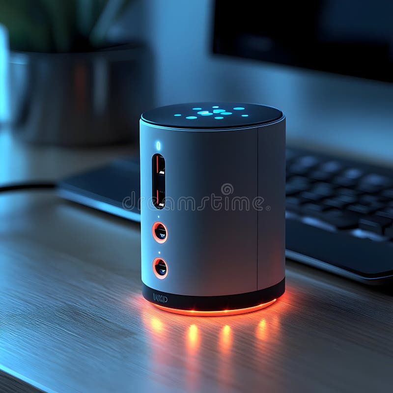 3D Render of a Cylindrical Device with Blue and Red Lights Stock ...