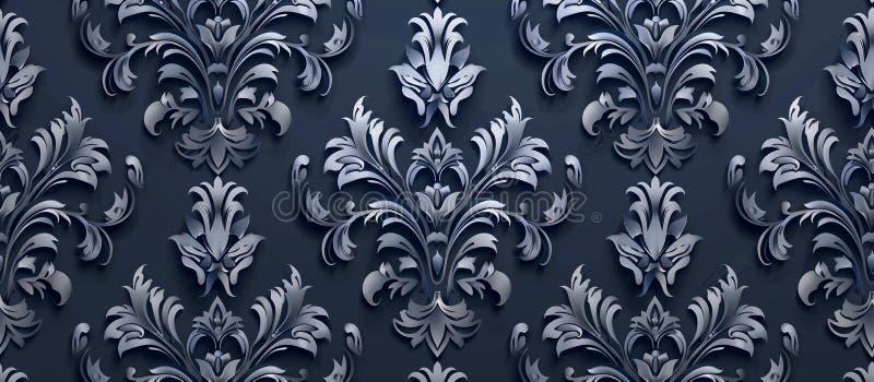 3D Render of Dark Blue Damask Pattern on Dark Blue Background, Seamless Pattern Stock ...