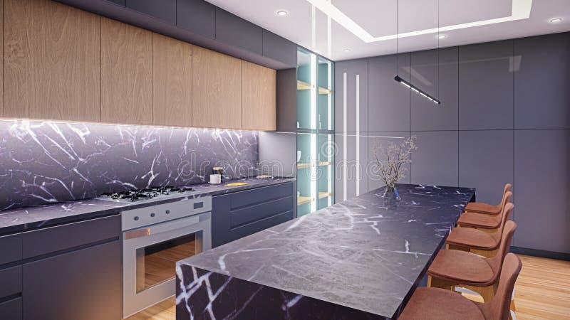 3D Render of Dark Themed Gourmet Kitchen Stock Illustration ...